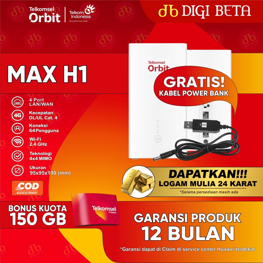 Jual Modem Wifi Mifi Telkomsel Orbit Max H1 Router Huawei B628 GSM 4G LTE Bonus Kuota 150GB ...