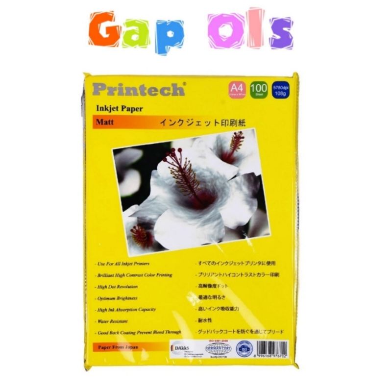 Jual Kertas Foto PRINTECH Inkjet Paper A4 108g 100 Sheets Matte Photo ...