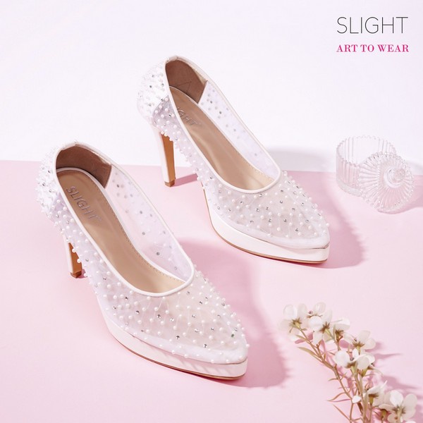 Jual SLIGHT Sepatu Pointed Platform Payet Pearl Putih Brokat Lace ...