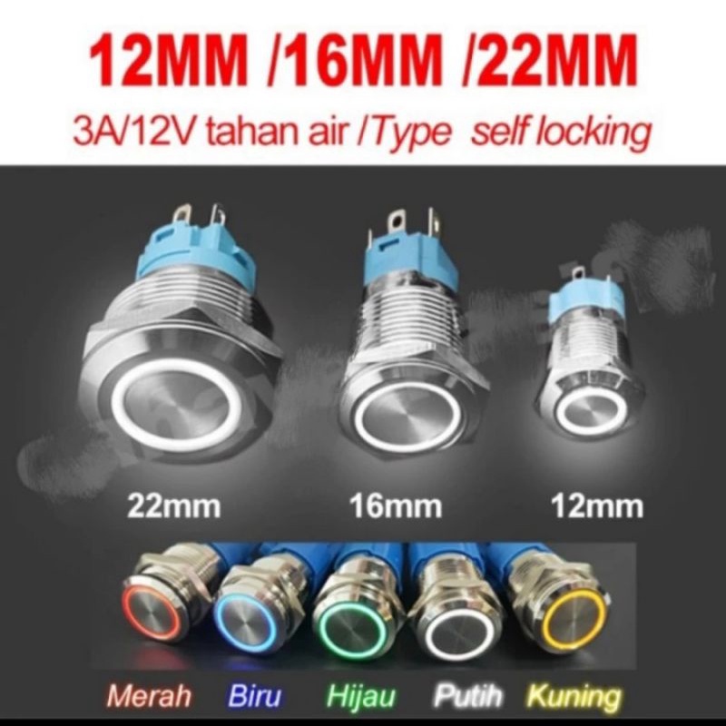 Jual SAKLAR LED STAINLESS PUSH BOTTON SWITCH ON/OFF KLAKSON 12V 3A 12MM ...