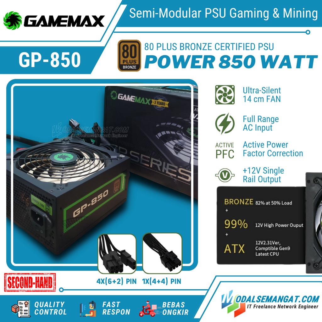 Jual Power Supply 850 Watt 80+ Bronze Gamemax GP-850 PSU Gaming ...