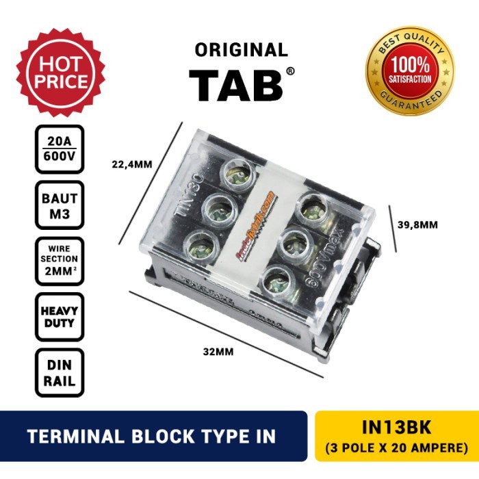 Jual Terminal Blok 3 pole 20A 600V IN13BK TAB Harga Murah | Shopee ...