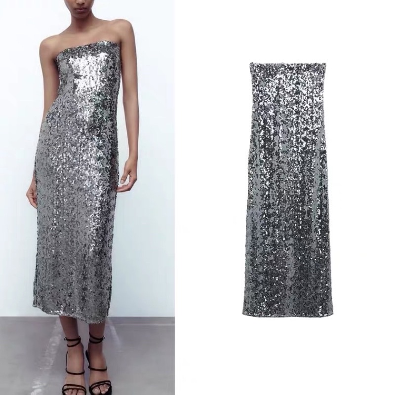 Jual ZARA Silver Tube Dress with Beadings | Gaun Silver Slit Belakang ...
