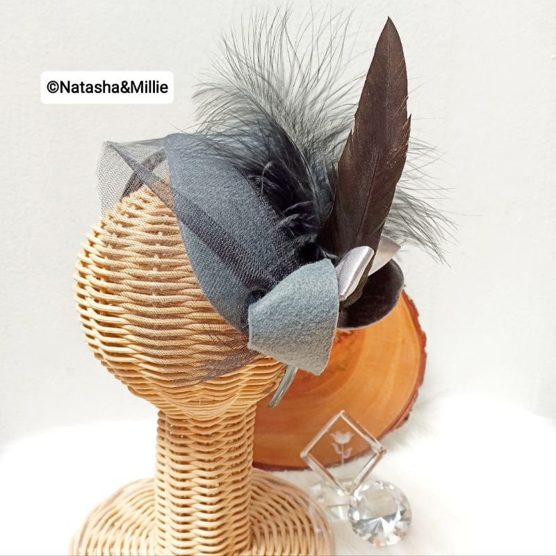Jual BANDO atau JEPIT RAMBUT Fascinator Hat - Abu kombinasi Bulu Hitam ...