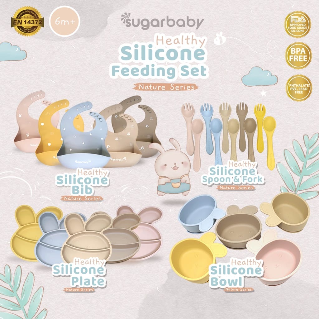 Jual SUGAR BABY Healthy Silicone Bib / Plate / Bowl / Spoon & Fork ...