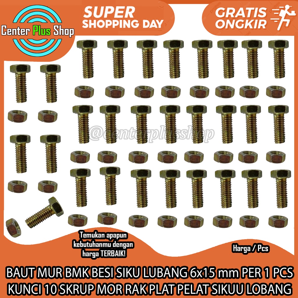 Jual BAUT MUR KUNING BMK BESI SIKU LUBANG 6x15 mm PER 1 PCS KUNCI 10 SKRUP MOR RAK PLAT PELAT ...