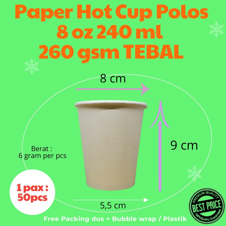 Jual Paper Hot Cup 8 oz Polos Tebal Premium 260 gsm Gelas Kertas isi 50 pcs gelas kopi teh ...