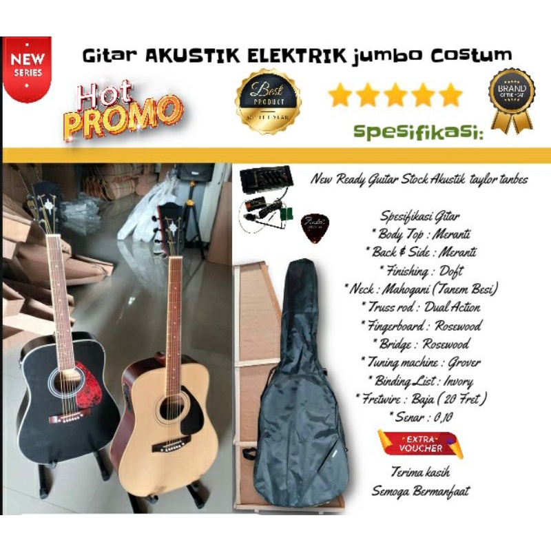 Jual gitar akustik elektrik jumbo tanam besi free packing kayu | Shopee ...