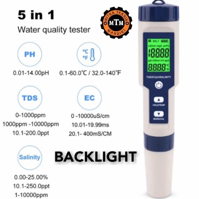 Jual ALAT UKUR KUALITAS AIR 5 IN 1 PH TDS EC SALINITY TEMP METER EZ ...