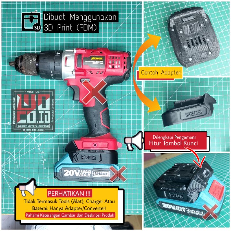 Jual Adapter/Converter Baterai Ingco/Total P20S U/Tools Krisbow 18V. 3DPrint ABS. | Shopee Indonesia