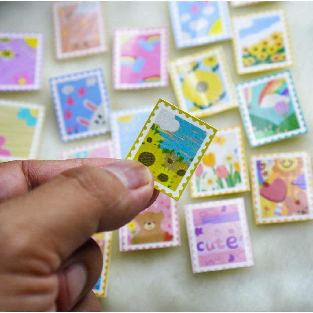 Jual stiker model perangko aesthetik cute / stiker lucu bisa untuk ...