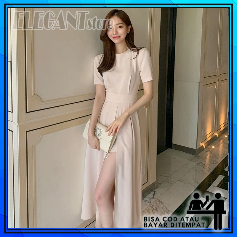 Jual Midi Dress lengan pendek bahan sifon polos Gaya style Korea ...