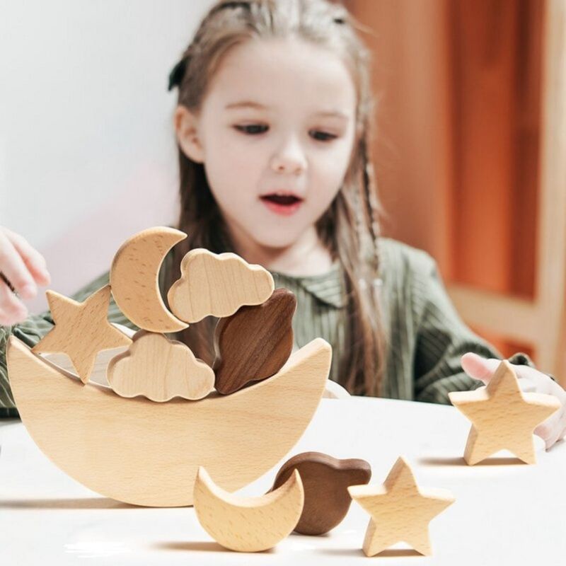 Jual Moon Stars Stacking Balance Blocks Board Wooden Toys Rings for ...