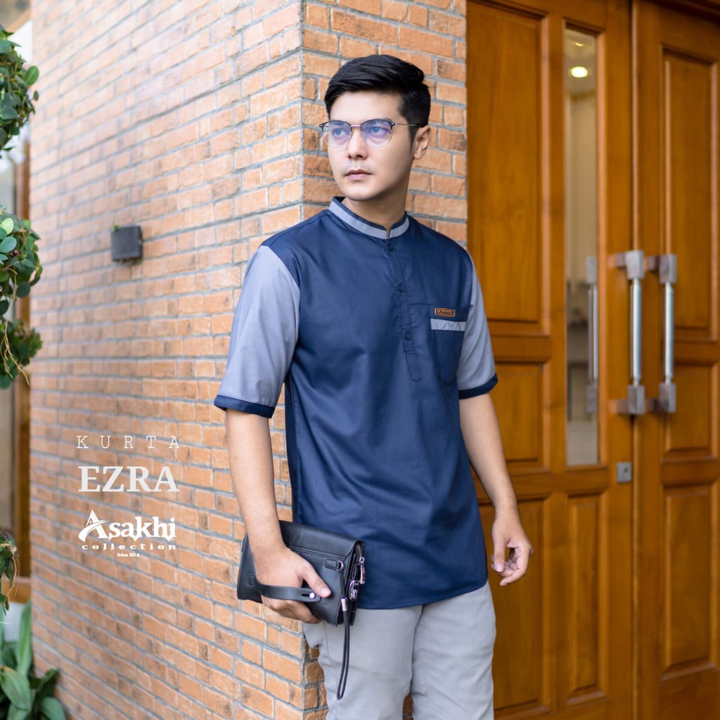 Jual Asakhi - Baju Koko Kurta Pria Lengan Pendek Motif Ezra Warna Navy ...