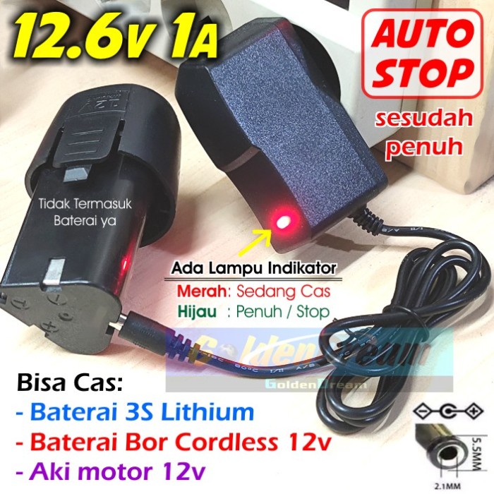 Jual Charger Baterai Bor Cordless 12.6v Li-ion 3S Cas Aki Motor 12v Batere 1A | Shopee Indonesia