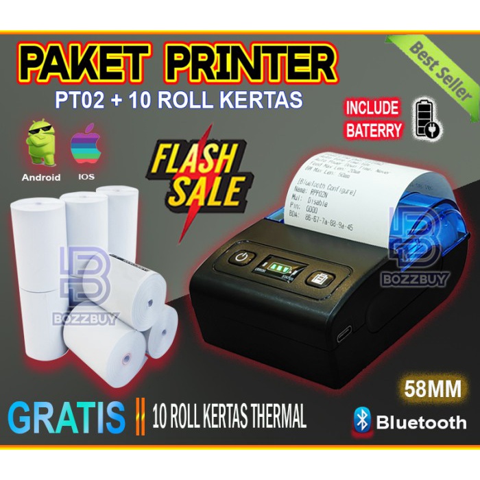 Jual Therm Paket Printer Thermal Bluetooth Pt02 + 10 Roll Kertas | Shopee Indonesia