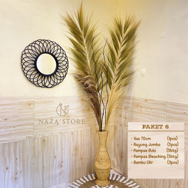 Jual DEKORASI RUSTIC Daun Kering Pampas Rayung Jumbo Dengan Vas Rotan ...