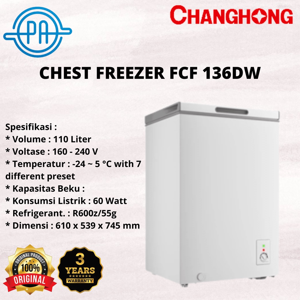 Jual CHEST FREEZER CHANGHONG FCF136DW FCF 136 DW LEMARI PEMBEKU 110 ...
