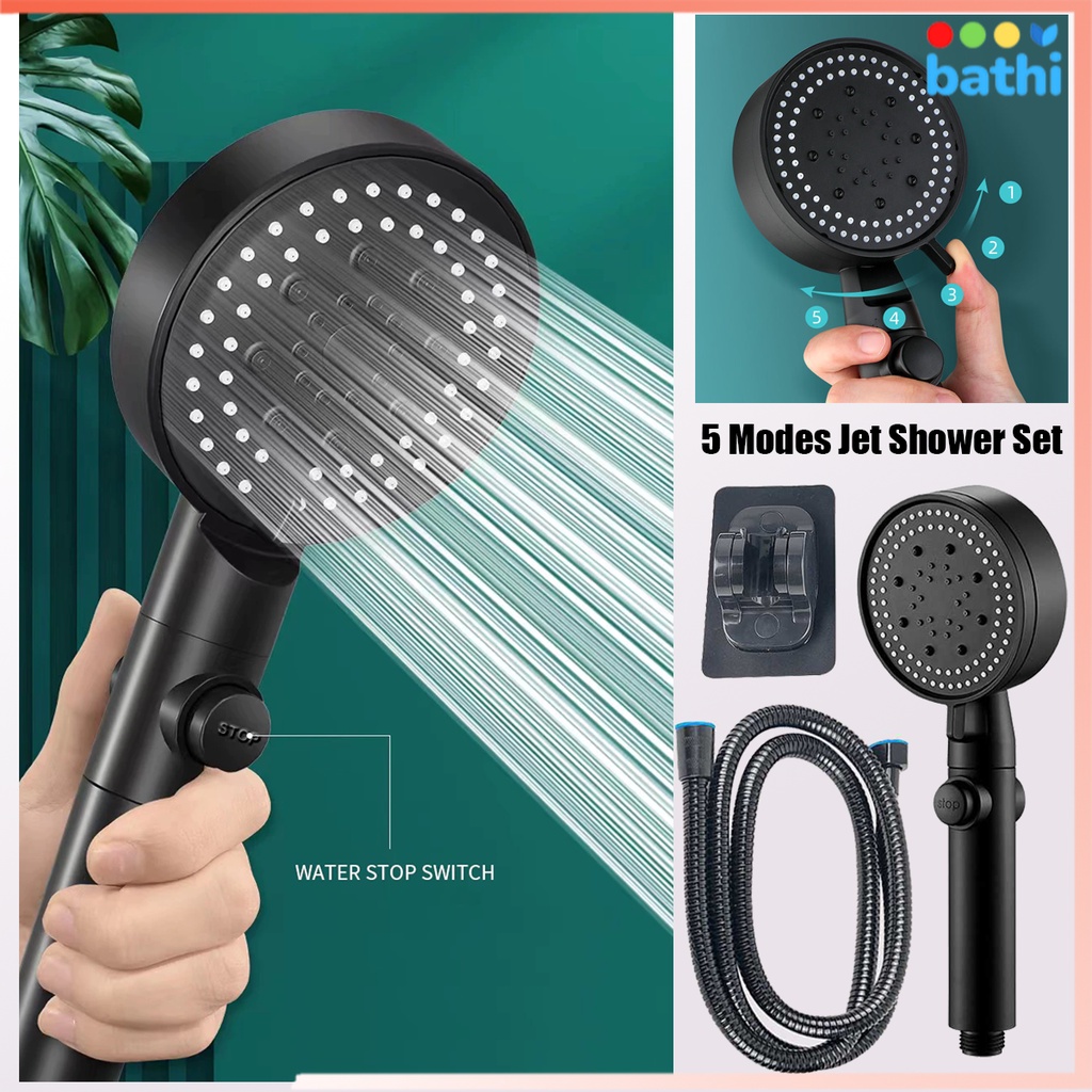 Jual Shower Kamar Mandi Set Hitam Minimalis 5 Jet Mode One Key Stop High Pressure Universal ...