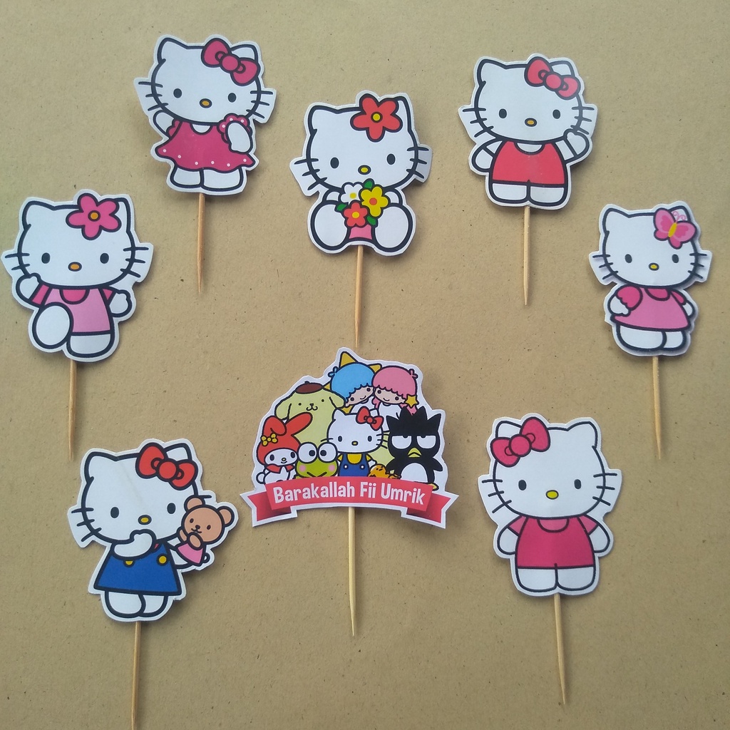 Jual Toper Tusuk Karakter Hello Kitty set 7 / Cake Topper hiasan kue ulang tahun ucapan happy ...