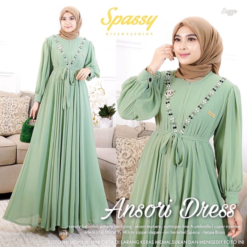 Jual Ansori Dress Kondangan Sage Gamis Wanita Kekinian Busui Gaun Pesta ...