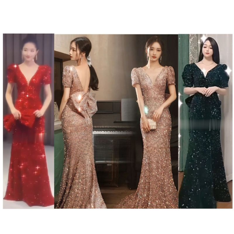 Jual dress sequin sleeve big bow low back long dress long gown gaun ...