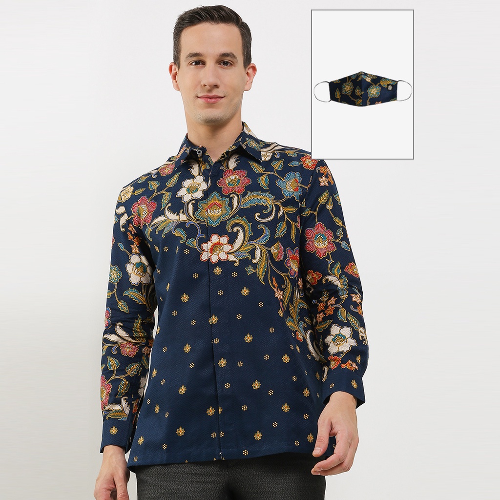 Jual Batik Semar Kemeja Lengan Panjang Visc Bunga Atas Bawah Navy ...
