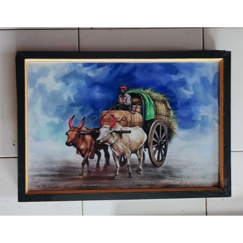 Jual hiasan dinding lukisan cetak petani dan sapi plus Bingkai ukuran ...