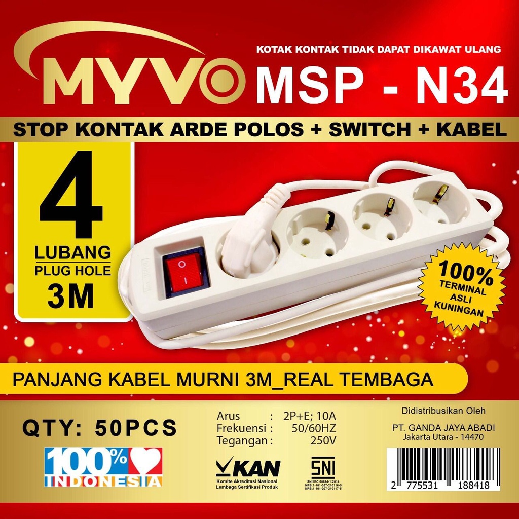 Jual Stop Kontak Kabel Myvo 3Meter 4Lubang N34 3M | Shopee Indonesia