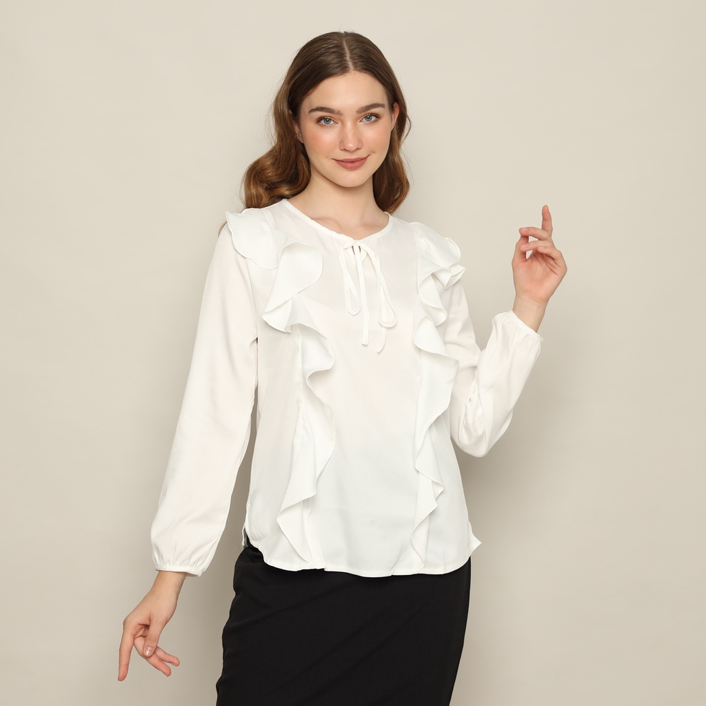 Jual FAME - Ruffle Blouse Wanita Lengan Panjang Broken White - 9211762 ...