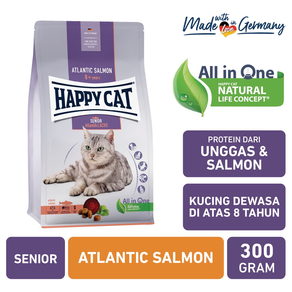 Jual Happy Cat Makanan Kucing Senior Atlantic Salmon 300gr +8th ...