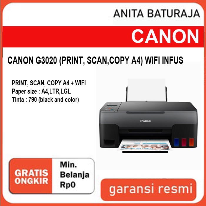 Jual PRINTER CANON G3020 (PRINT, SCAN, COPY A4 + WIFI) INFUS | Shopee ...