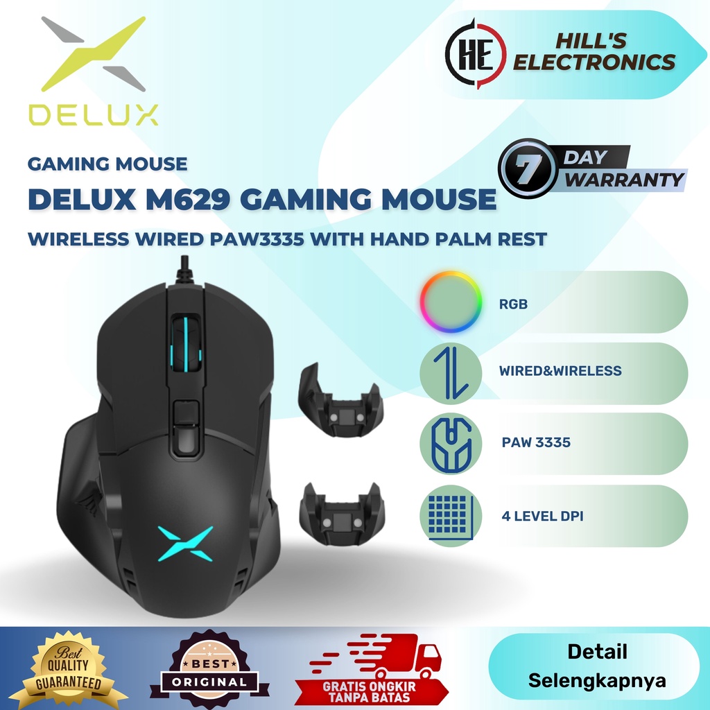 Jual Delux M629 RGB Wireless Wired Gaming Mouse PAW3335 With Hand Palm ...