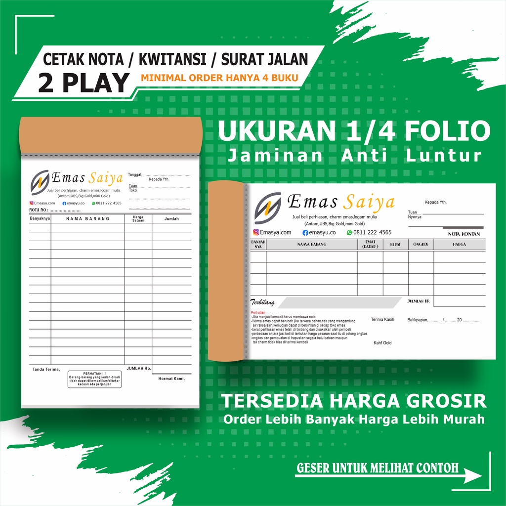 Jual Nota custom kwitansi 2 ply 1/4 folio buku nota penjualan surat ...