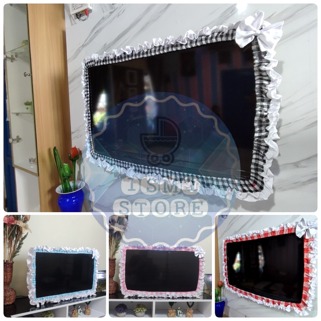 Jual BANDO/Tutup TV/LCD/Televisi Ruffle PUTIH Motif Kotak-kotak Gingham ...