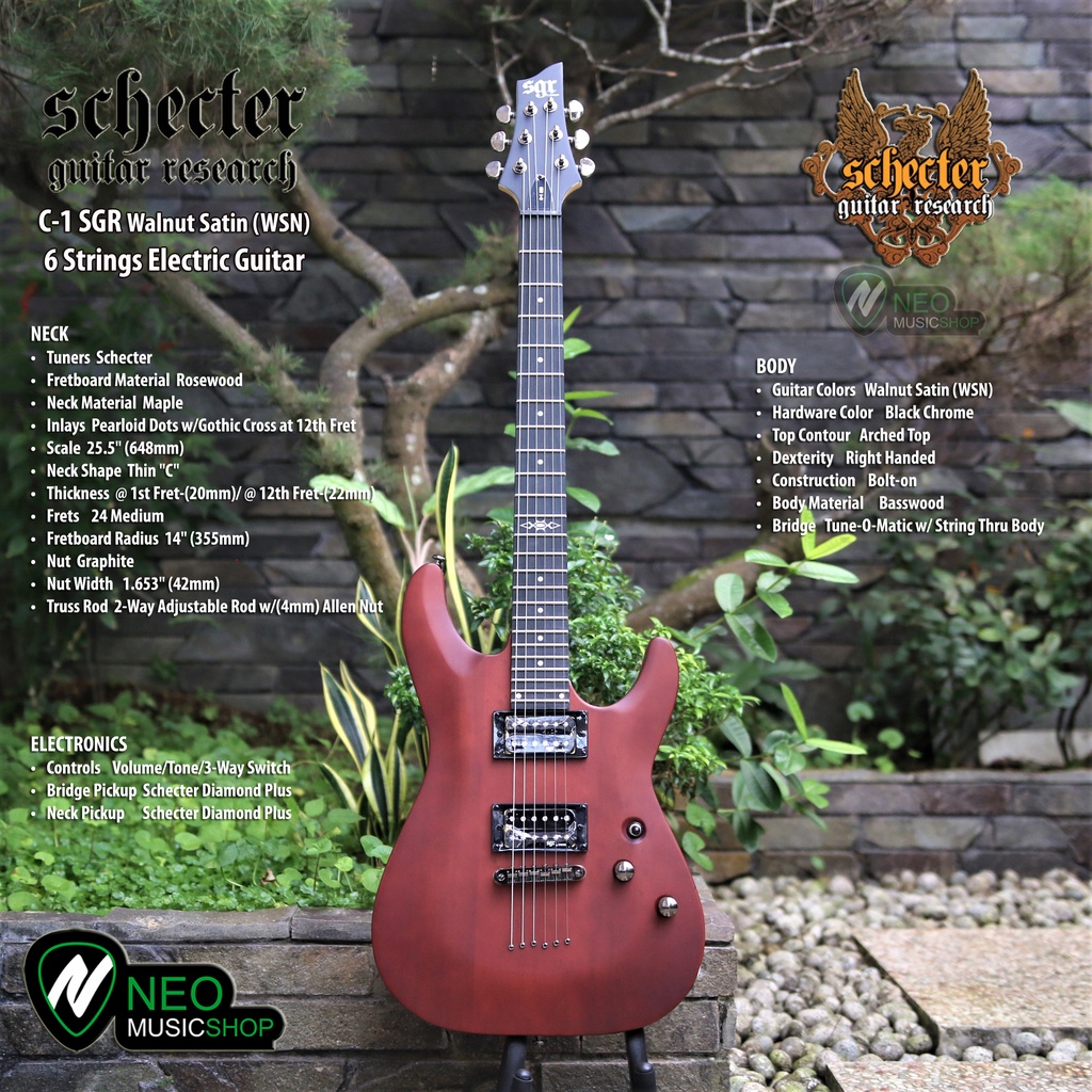 Jual SCHECTER C1 SGR Walnut Satin (WSN) Black 6 Strings Electric Guitar ...