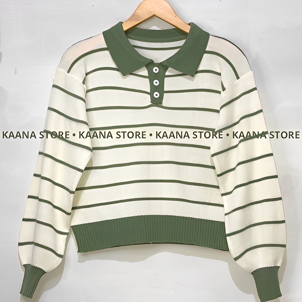 Jual Polo Stripes Knit Import - Atasan Polo Rajut Wanita - Korean Polo Knit TM (51047) / striped ...