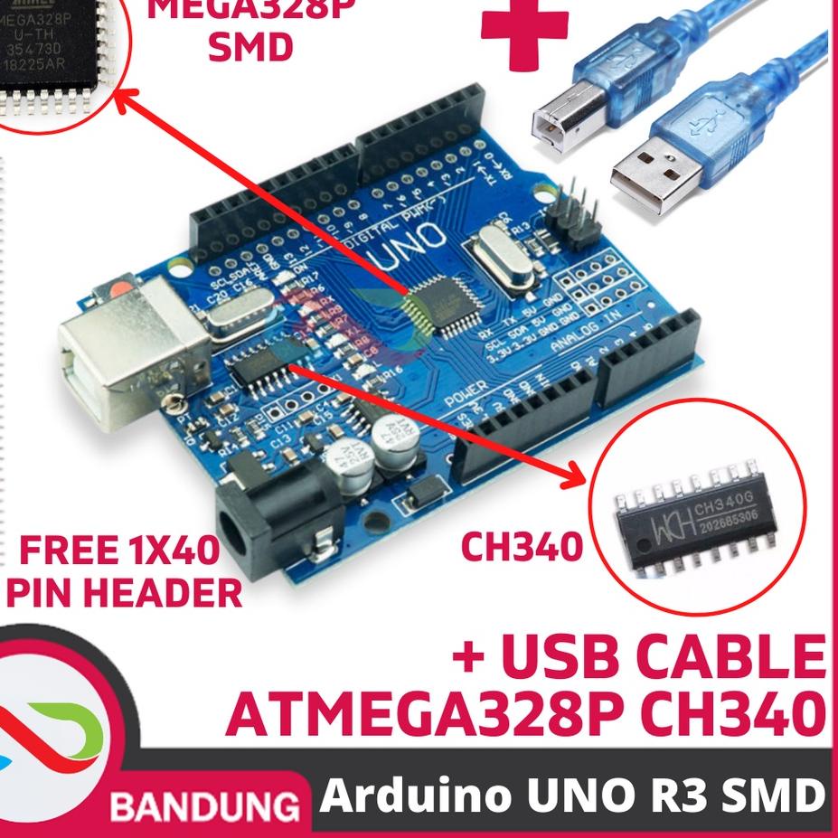 Jual Promo UNO R3 SMD CH340 ATMEGA328P PLUS KABEL USB & PIN HEADER ...