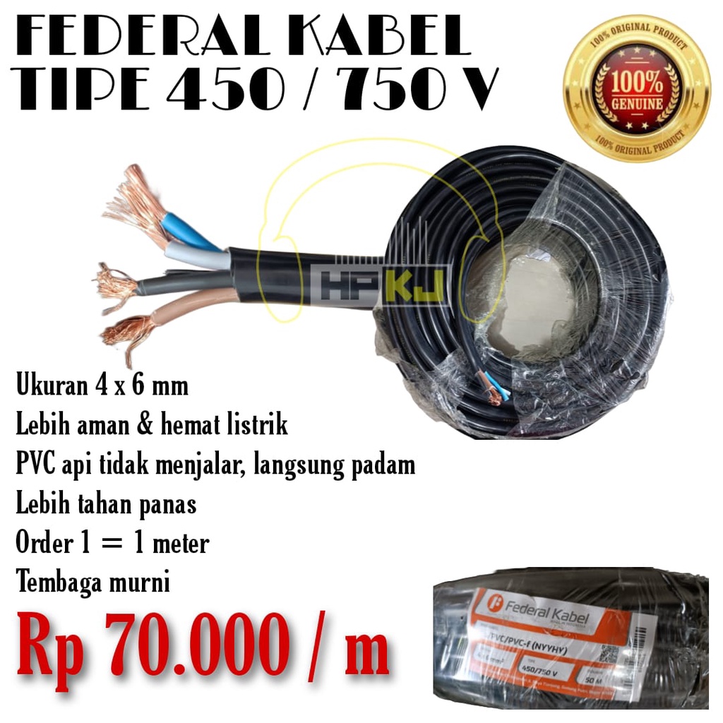 Jual KABEL FEDERAL 4 X 6 NYYHY TYPE 450 / 750V KABEL GENSET FEDERAL 4x6 ...