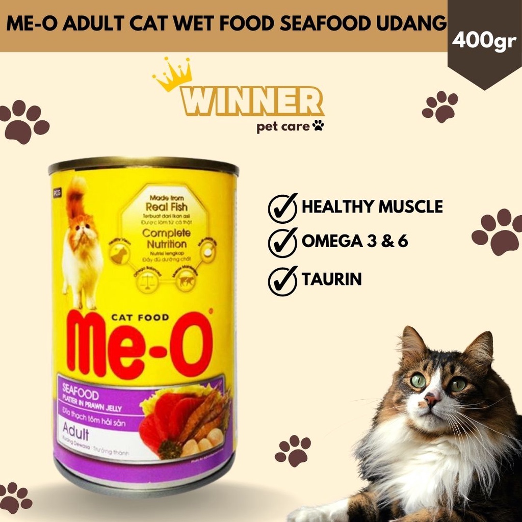 Jual MeO Adult Cat Wet Food Makanan Kucing Seafood Udang Kaleng 400gr ...