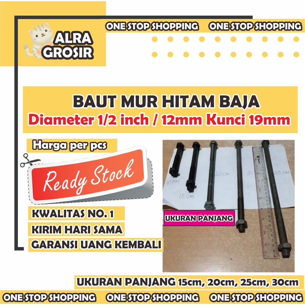 Jual Baut Mur Hitam Baja Ukuran 12 mm Panjang 10 15 20 25 30 cm 1/2 ...