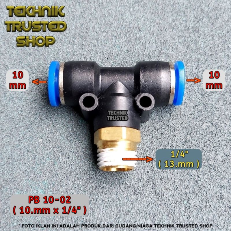 Jual Fitting Tee conector selang 10mm x 1/4" Drat Male PB 10-02 BRASS ...