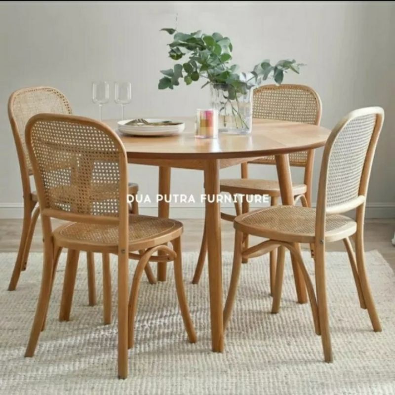 Jual meja makan minimalis 4 kursi kayu jati kombinasi rotan | Shopee Indonesia