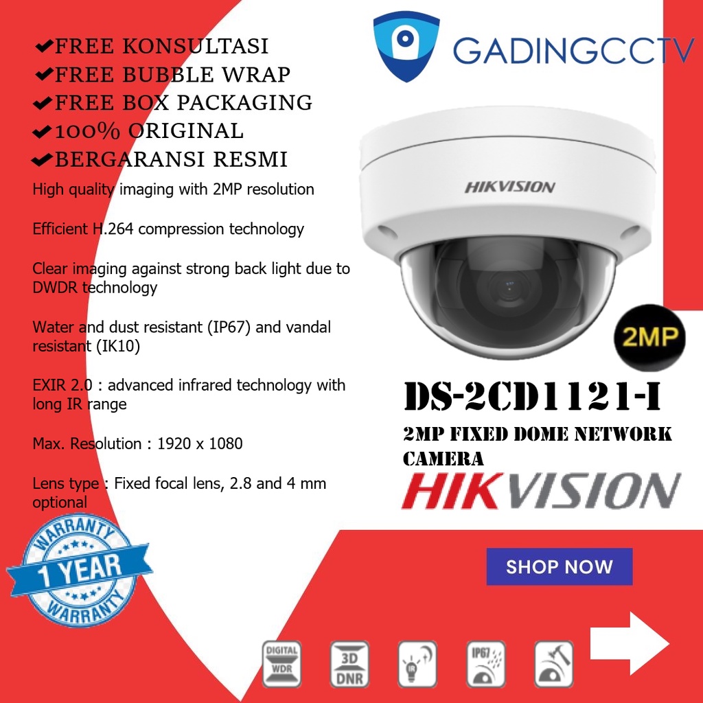 Jual HIKVISION KAMERA CCTV Indoor DS-2CD1121-I 2MP Fixed Dome Network Camera | Shopee Indonesia