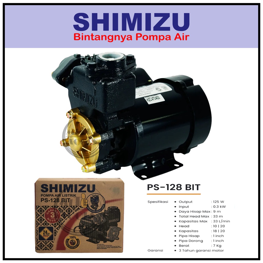 Jual SHIMIZU PS-128 BIT Pompa Air Listrik 1 Phase Non Auto / Pompa Air Sumur Dangkal 9 Meter ...
