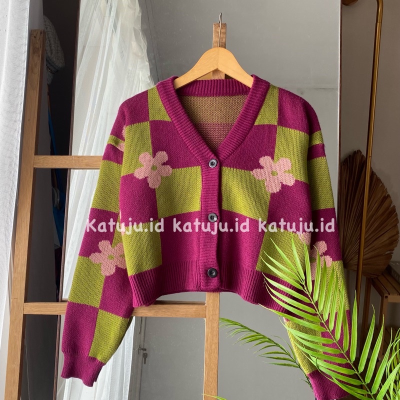 Jual CARDIGAN LAURA RAJUT CROP MOTIF KOTAK BUNGA - CARDIGAN LAURA CROP ...