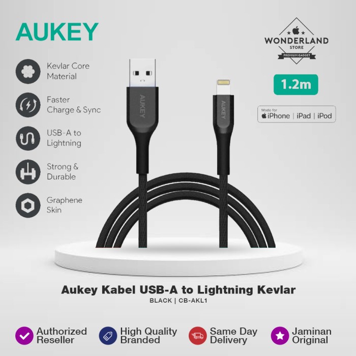 Jual Aukey Kabel Data USB-A to Lightning Kevlar 1.2/2M MFI CB-AKL1/AKL2 ...