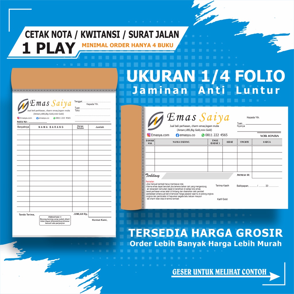 Jual Nota custom kwitansi 1 ply 1/4 folio buku nota penjualan surat ...
