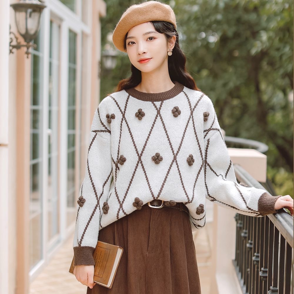 Jual Pullover Rajutan Sweater Wanita Gaya Korea Retro Leher Bulat Kotak ...