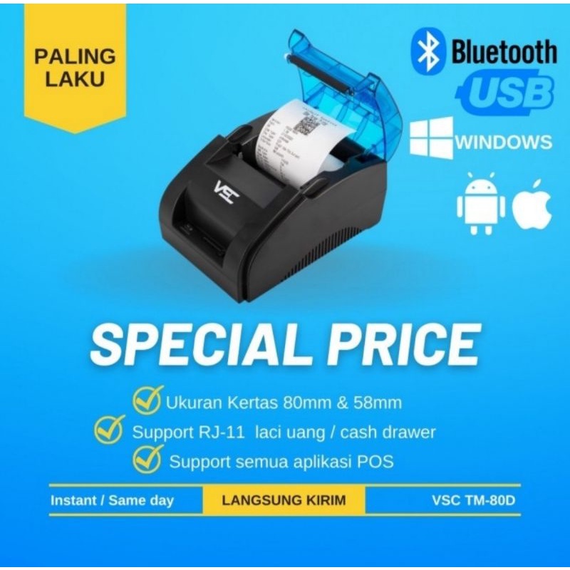 Jual PRINTER THERMAL 80MM BLUETOOTH CETAK STRUK KASIR/ PPOB VSC TM-80D RJ11 | Shopee Indonesia